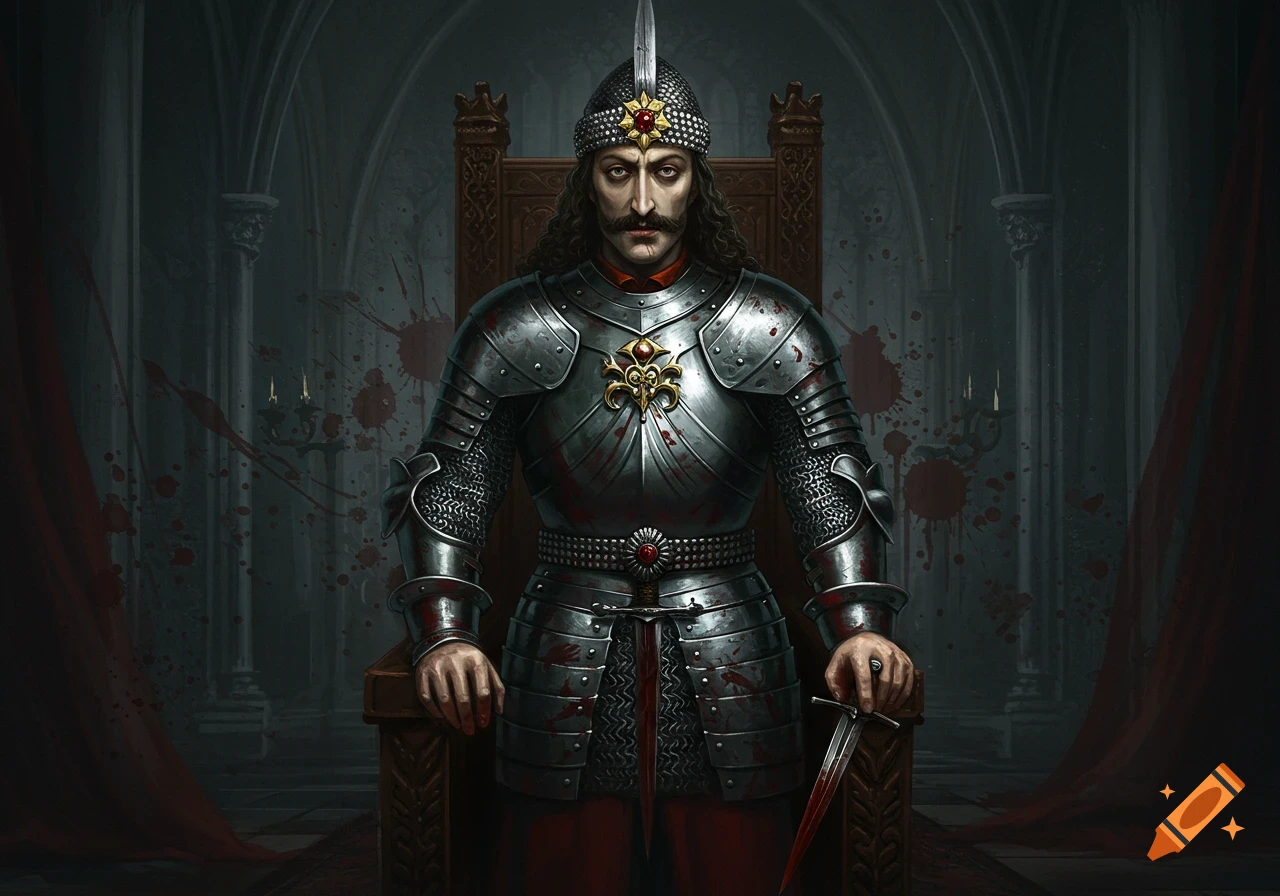 Vlad the Impaler in bloody armor sits on a throne holding a dagger in a ...