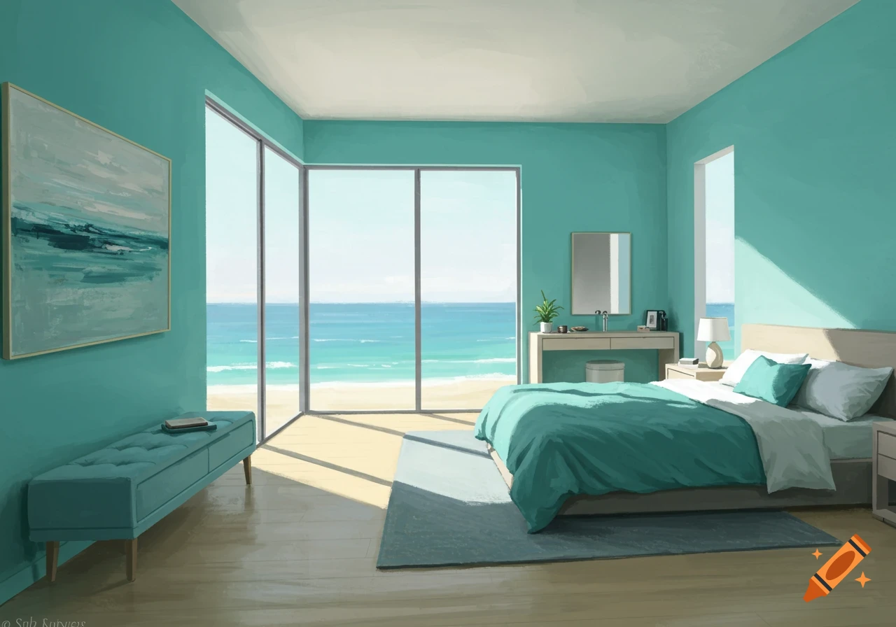 A modern aqua bedroom overlooks a beach and ocean. on Craiyon