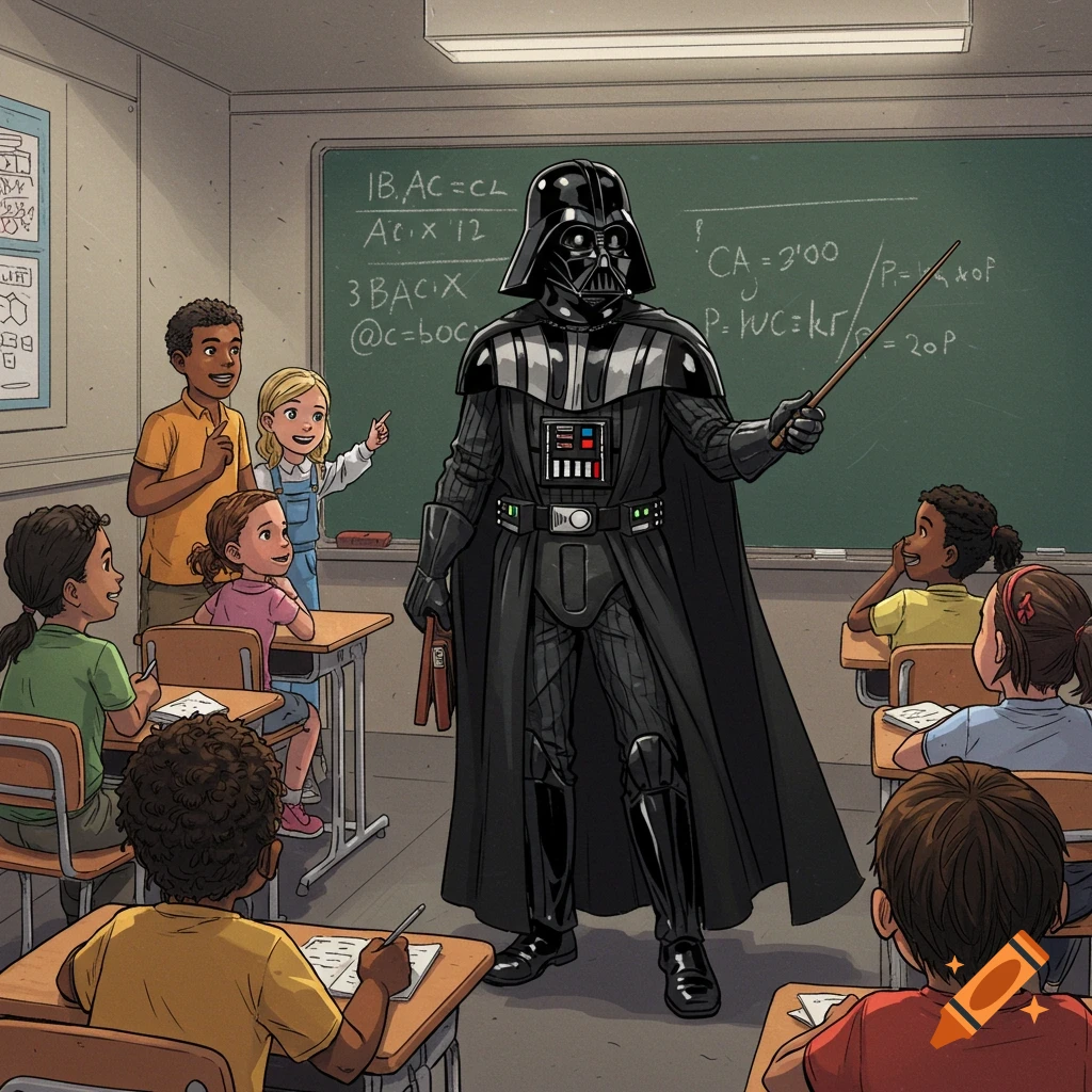 Darth Vader teaching a group of children in a classroom, pointing at a ...