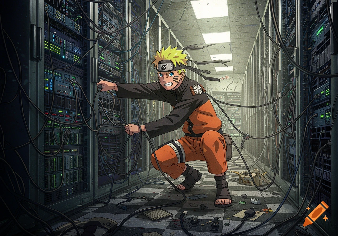 Anime illustration of Naruto in a server room tangled in wires. on Craiyon