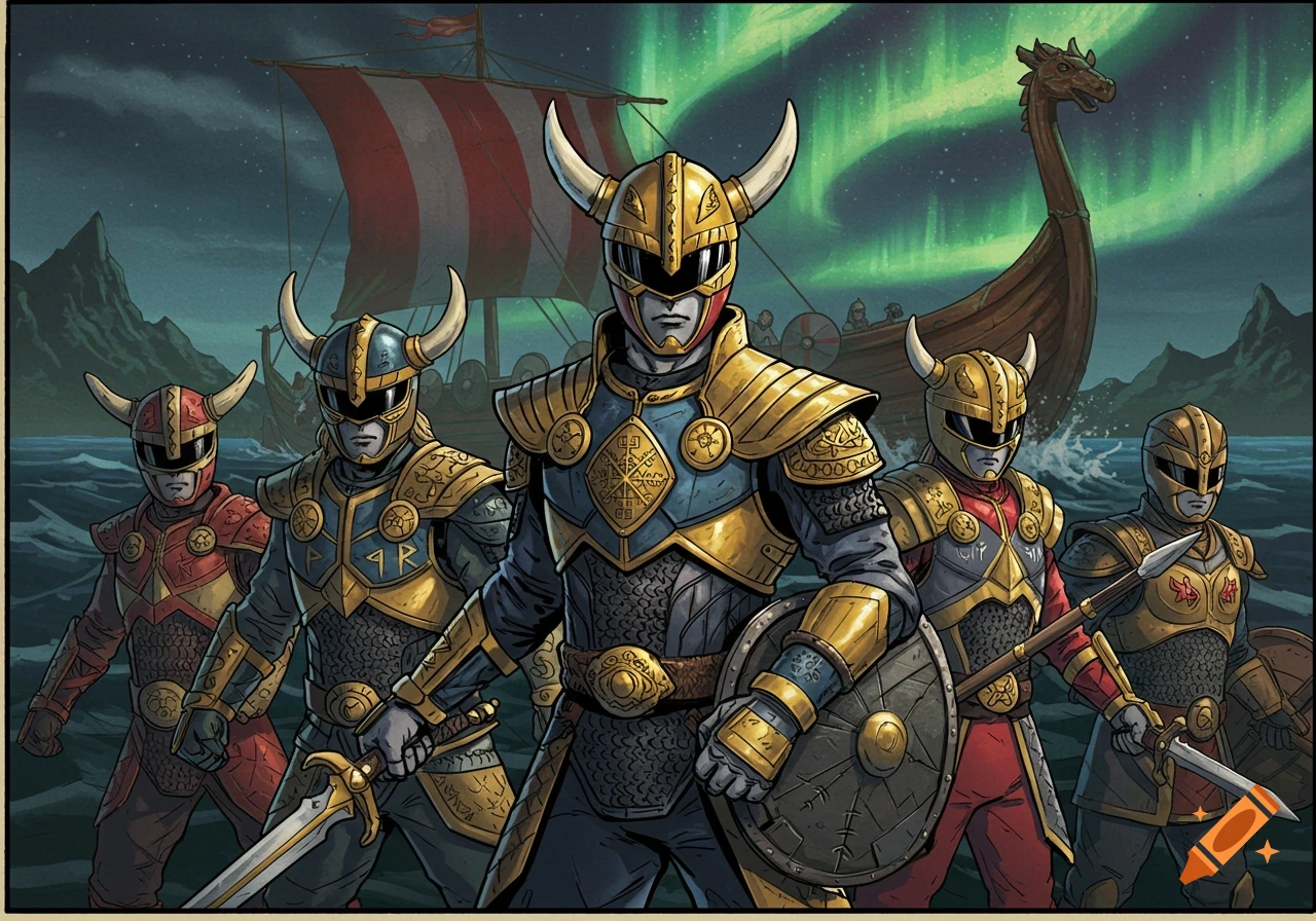 Five armored figures in Viking-inspired Power Ranger costumes stand by ...