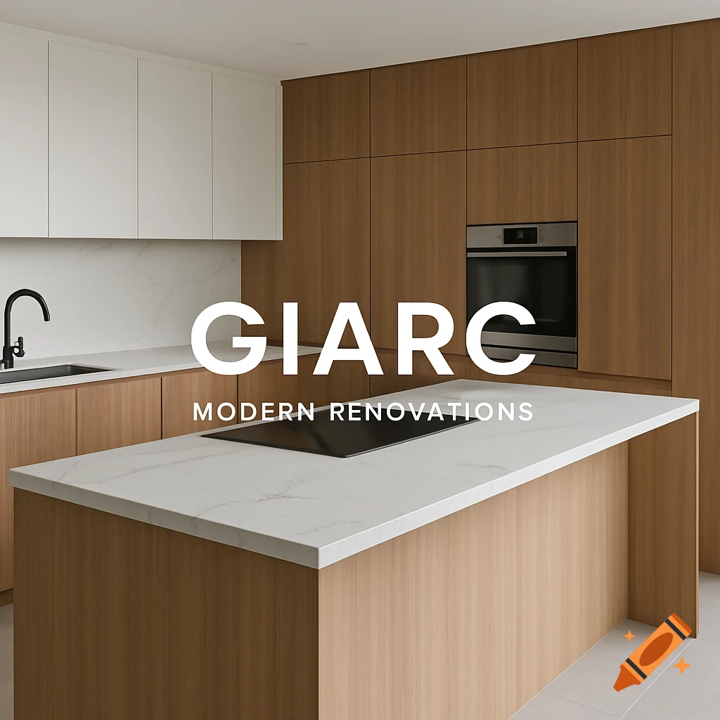A modern kitchen interior with wooden cabinets and white countertops, featuring text overlay ...