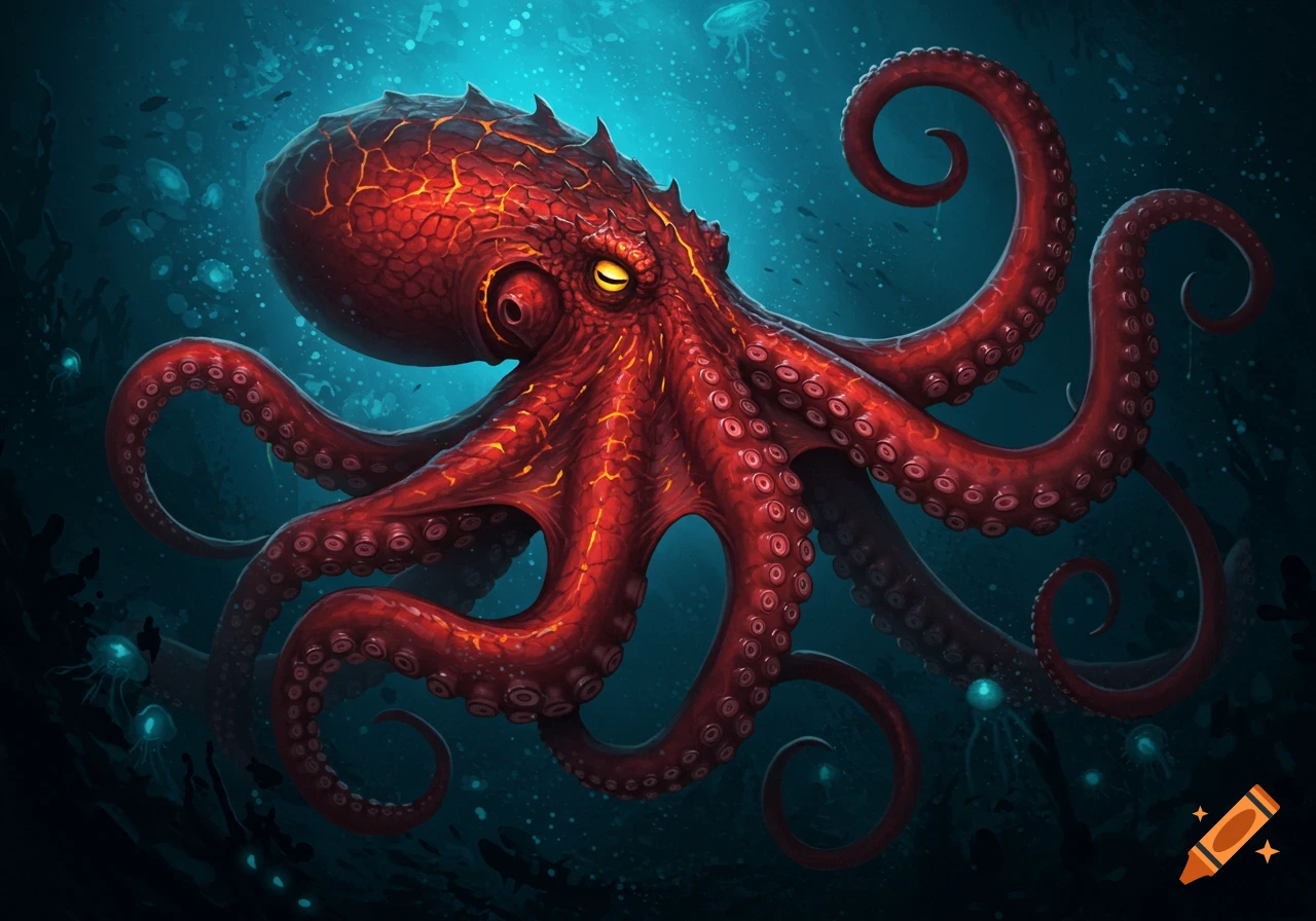 A red kraken octopus monster with glowing skin underwater, digital art ...