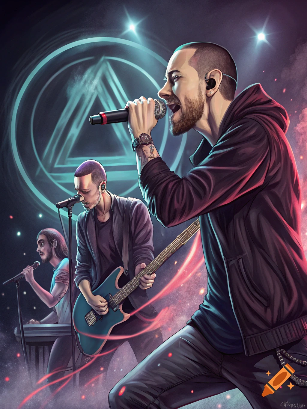 Illustration of a band performing on stage with glowing lights and ...