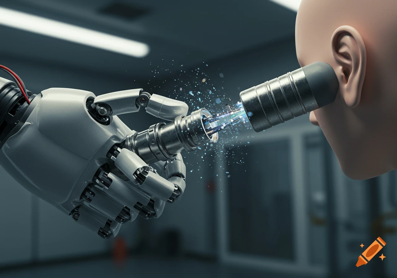 Robot hand connects a device to a human ear with sparks on Craiyon