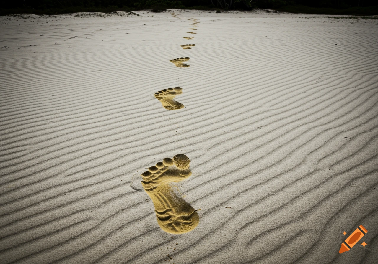 Footprints trail through ripples in the sand on a beach. on Craiyon