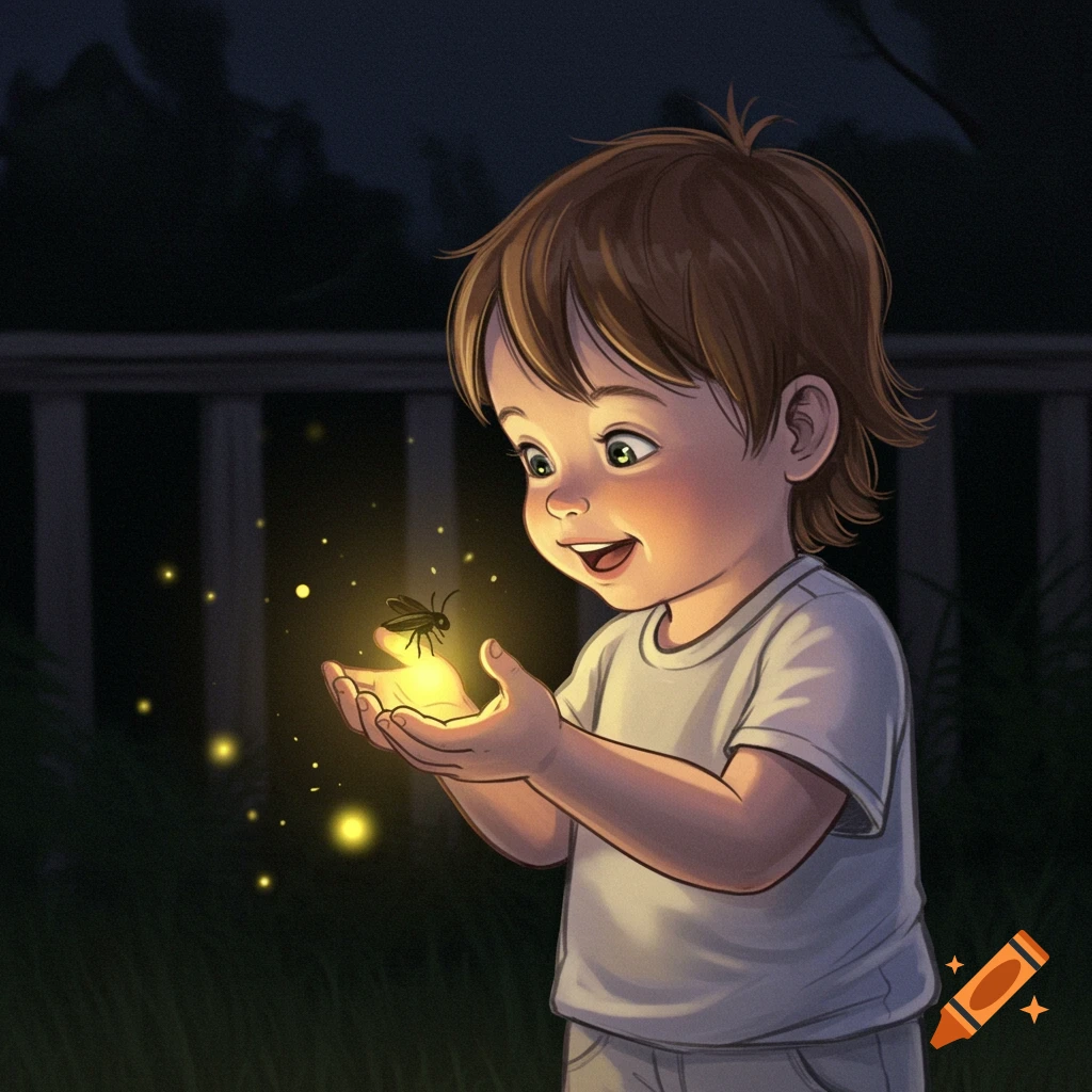 Illustrated child holding a glowing firefly in cupped hands at night ...