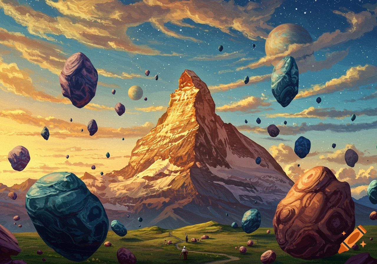Surreal landscape painting with a mountain, floating asteroids, and ...