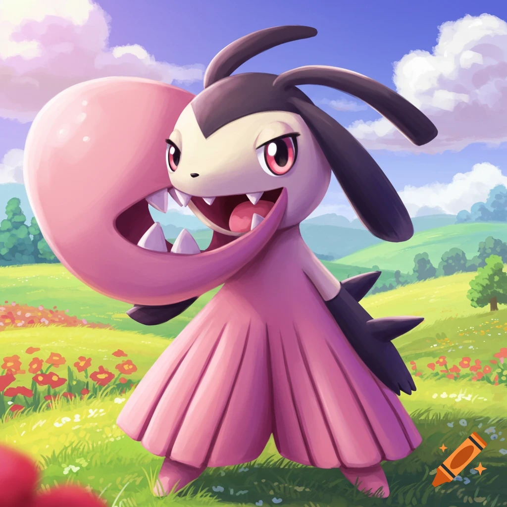 Illustration of the Pokemon Mawile standing in a grassy field on Craiyon