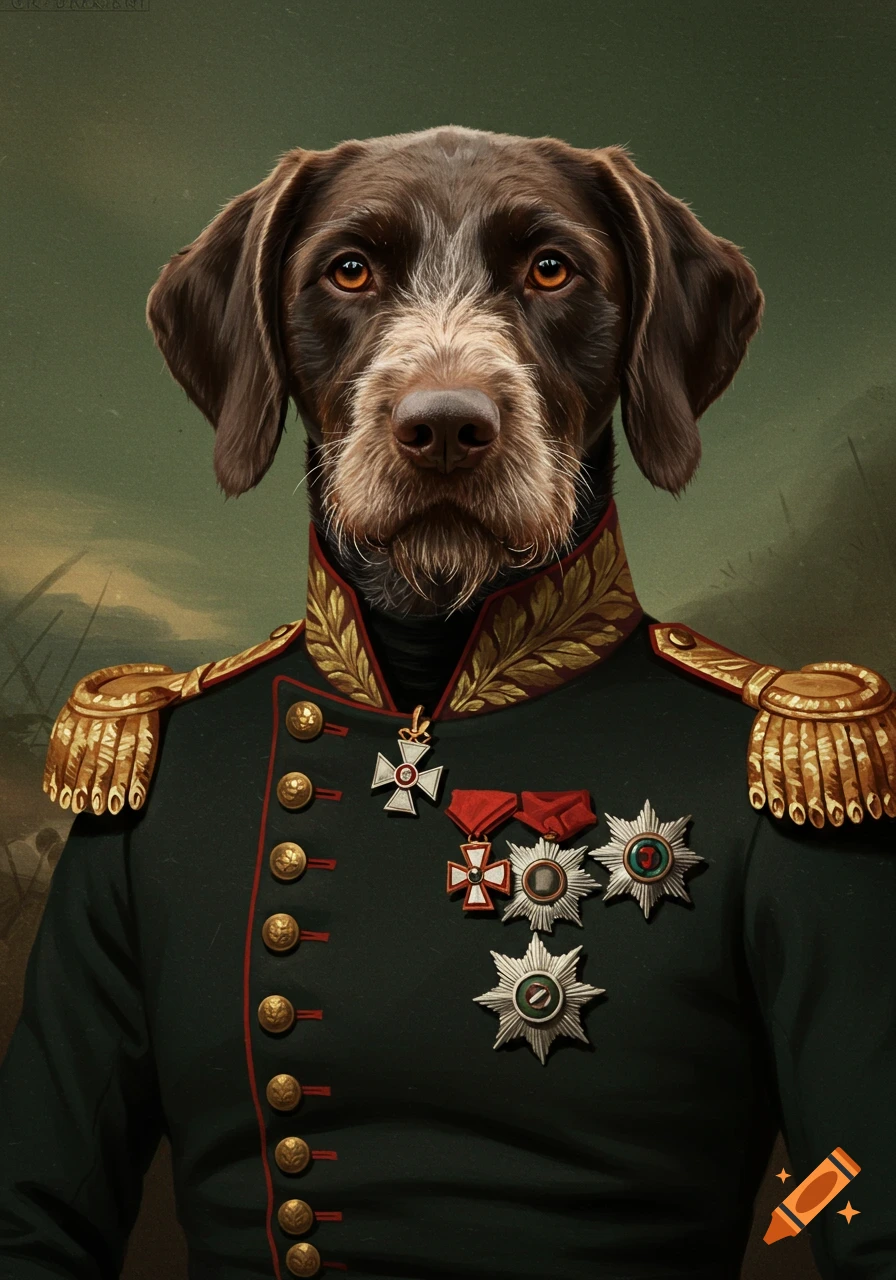 Portrait of a German wirehaired pointer dog in a military general ...