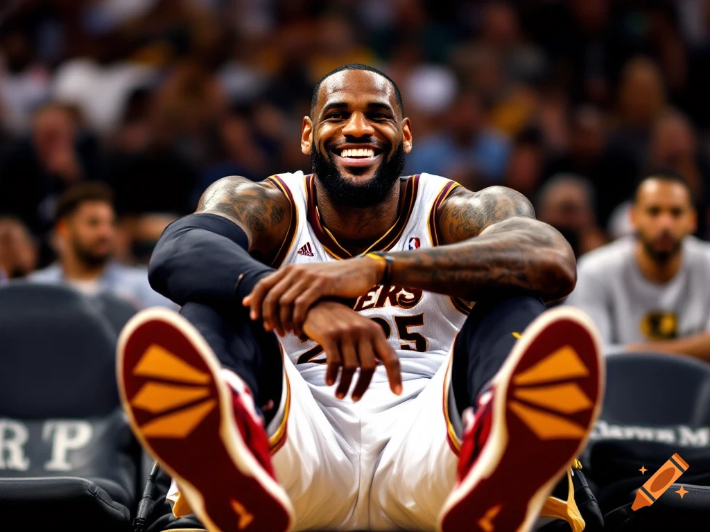 Lebron James sitting on a basketball court bench, smiling. on Craiyon