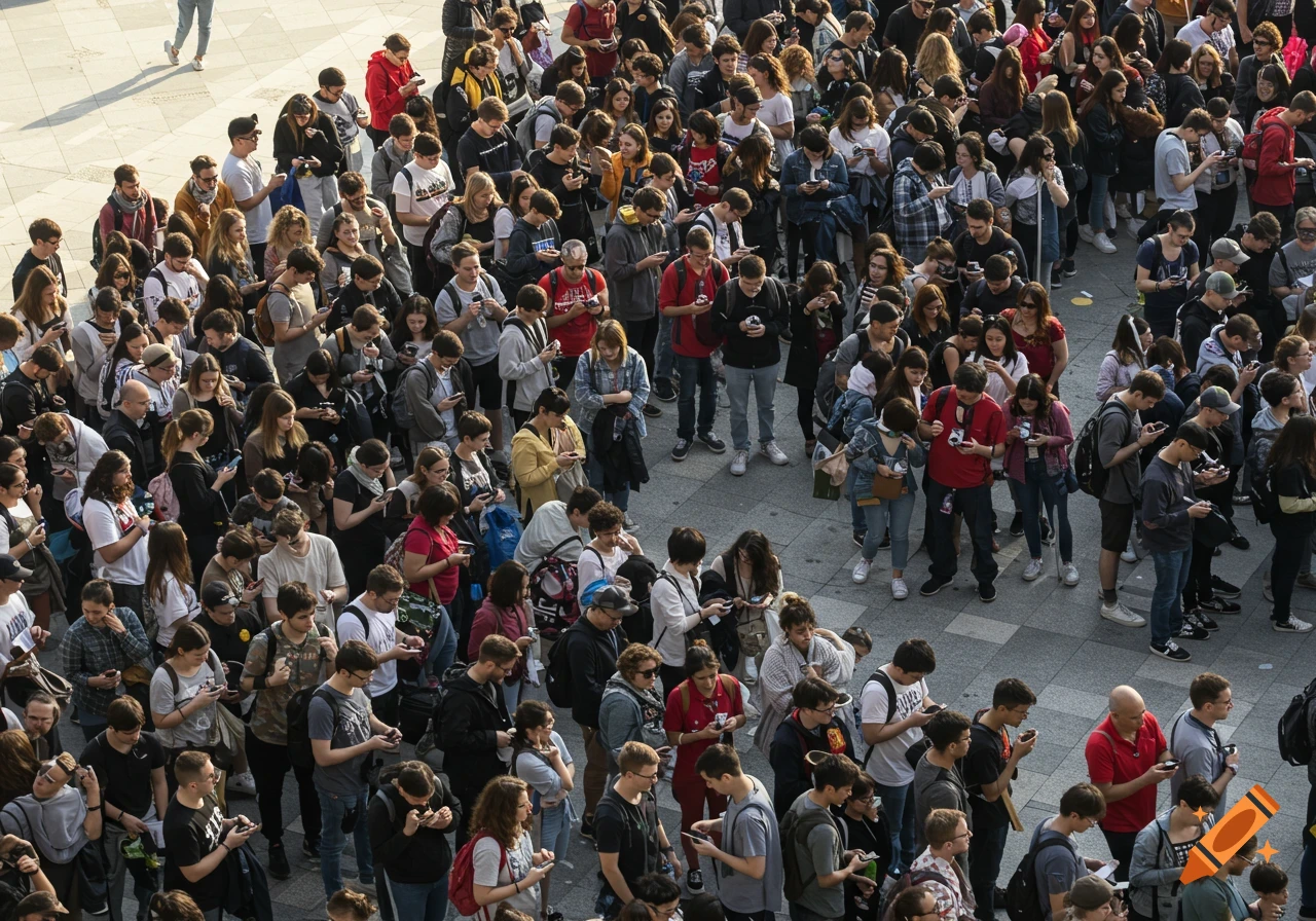 Large crowd of people looking at phones outdoors, from an elevated ...