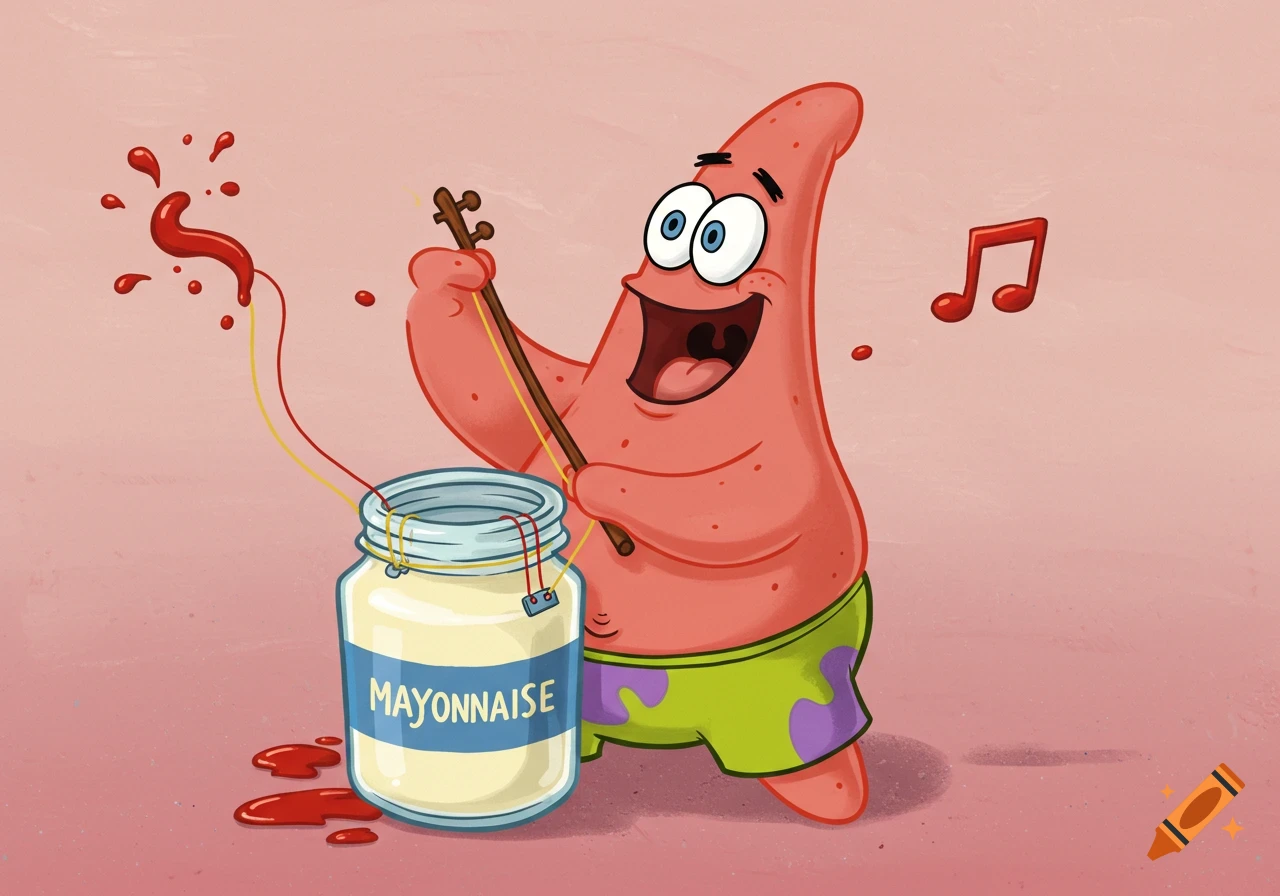 Patrick Star plays a jar of mayonnaise like an instrument in a cartoon ...