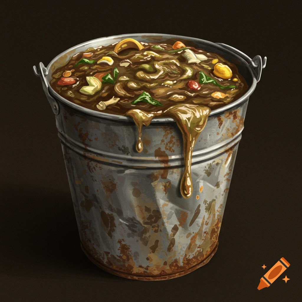A rusty metal bucket overflowing with gross, lumpy, dripping slop ...
