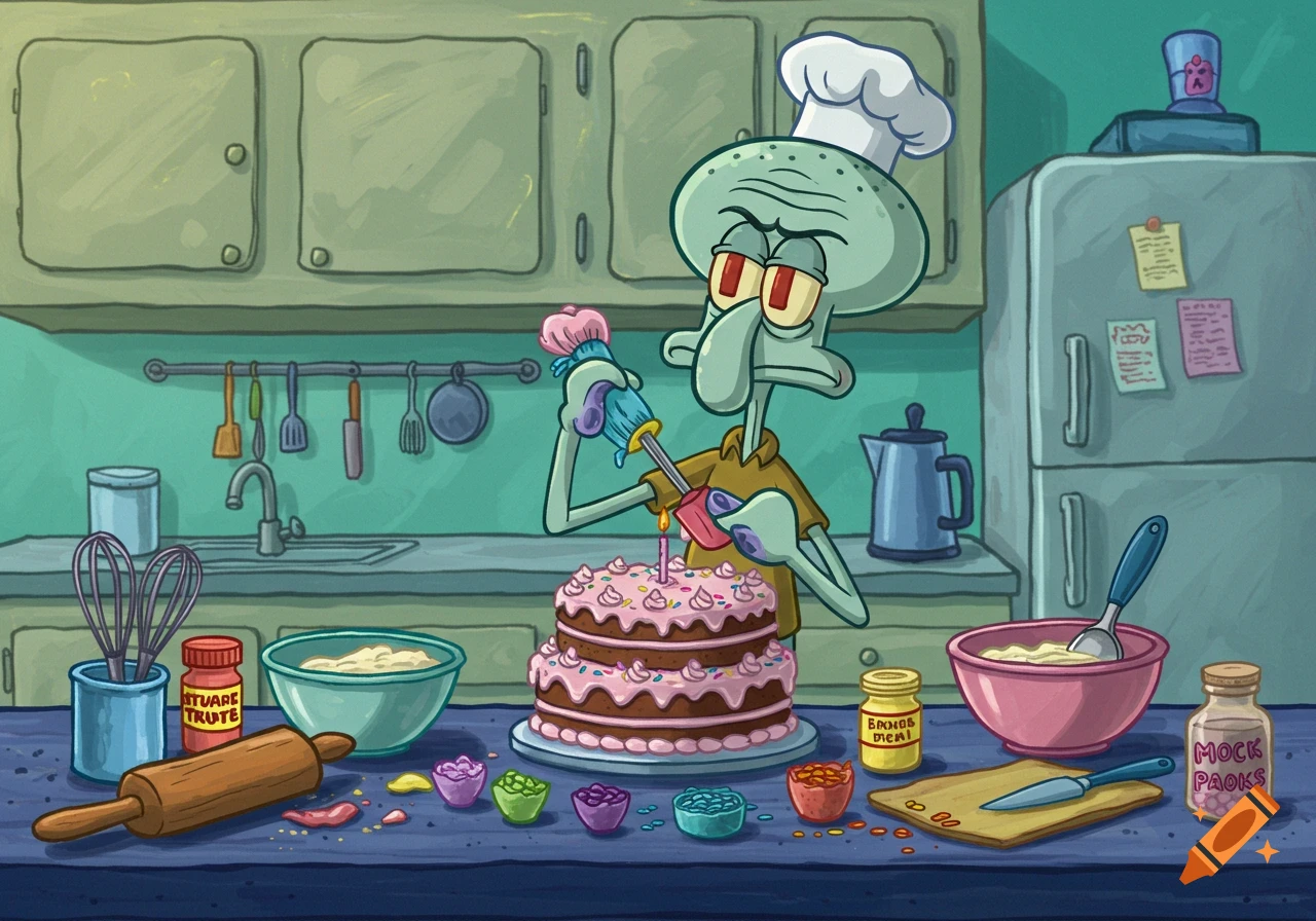 Cartoon of Squidward baking a two-tier pink cake in a kitchen. on Craiyon