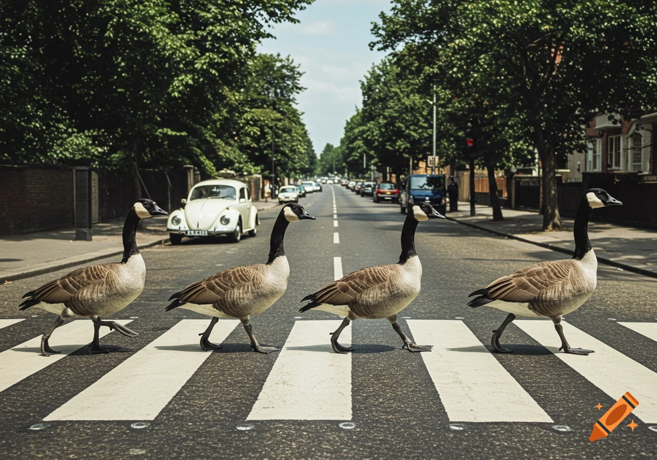 Four Canada geese walk across a city street crosswalk in a line, like ...