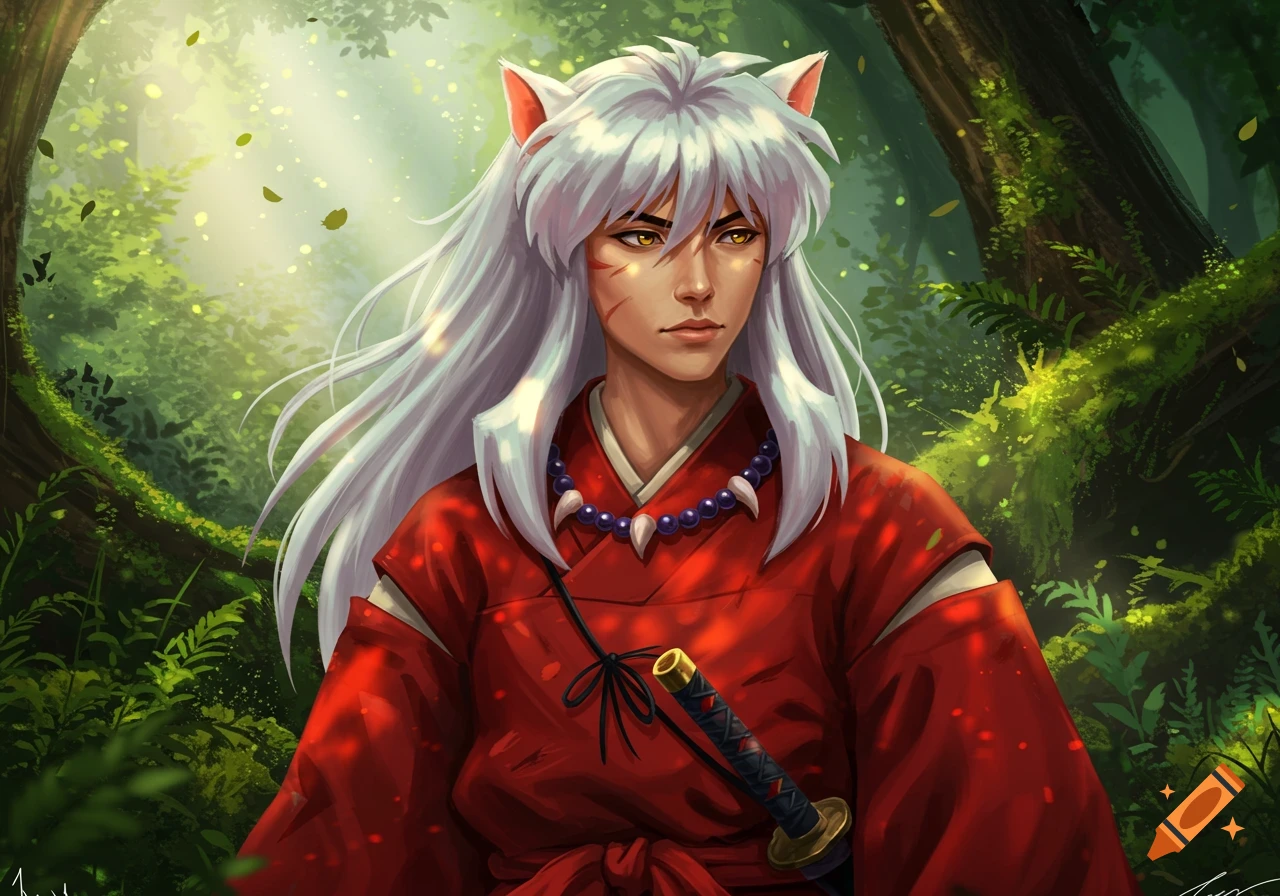 Realistic painting of Inuyasha with white hair, cat ears, and a red ...