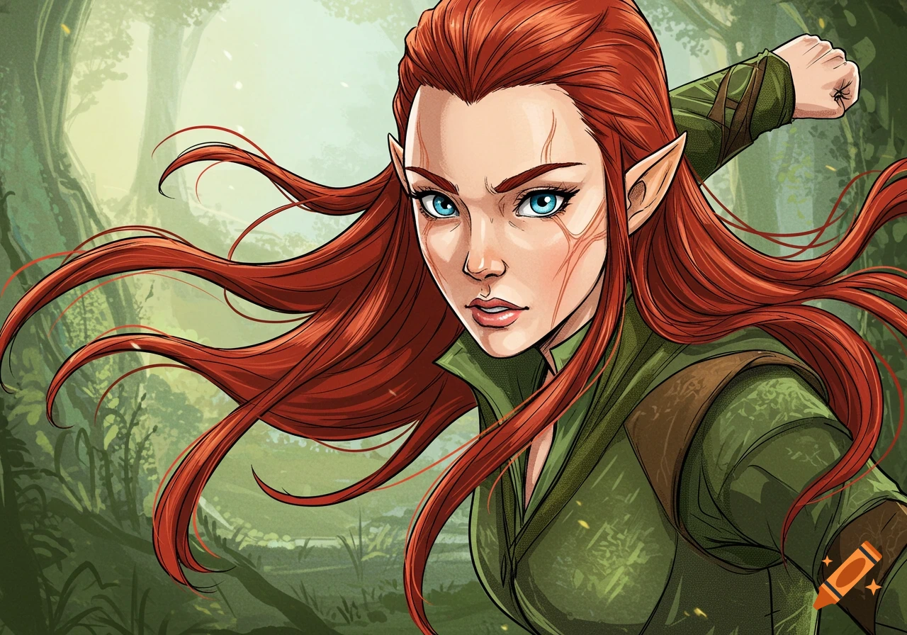Red-haired female elf with pointed ears and facial scars in a forest ...