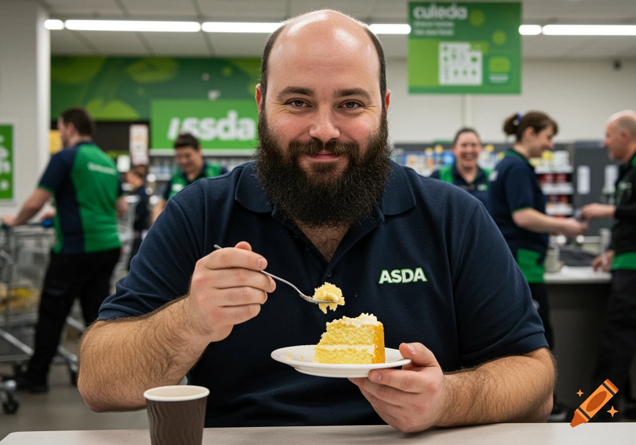 Man with beard wearing an ASDA shirt eating a slice of cake in a store ...