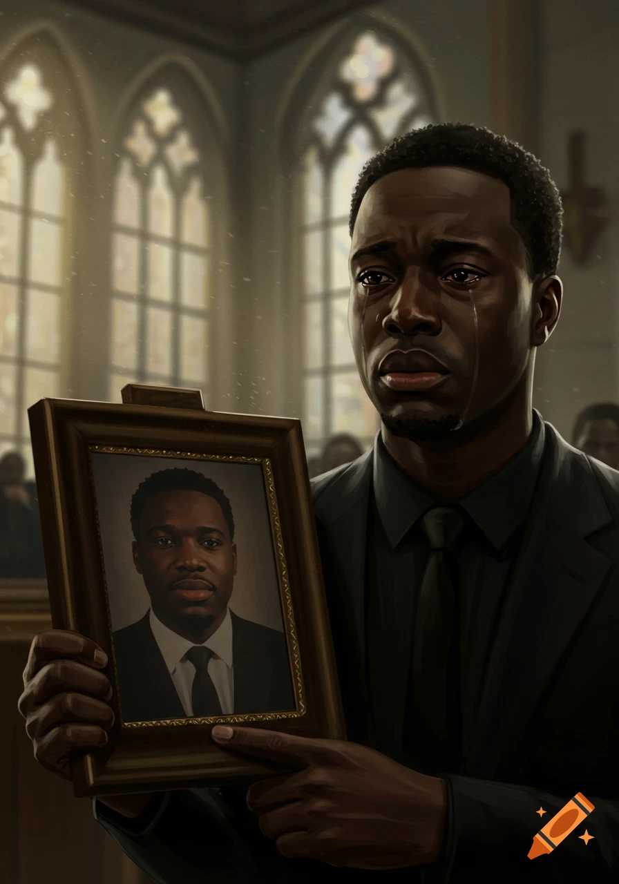 A man cries while holding a framed portrait of another man at a funeral ...