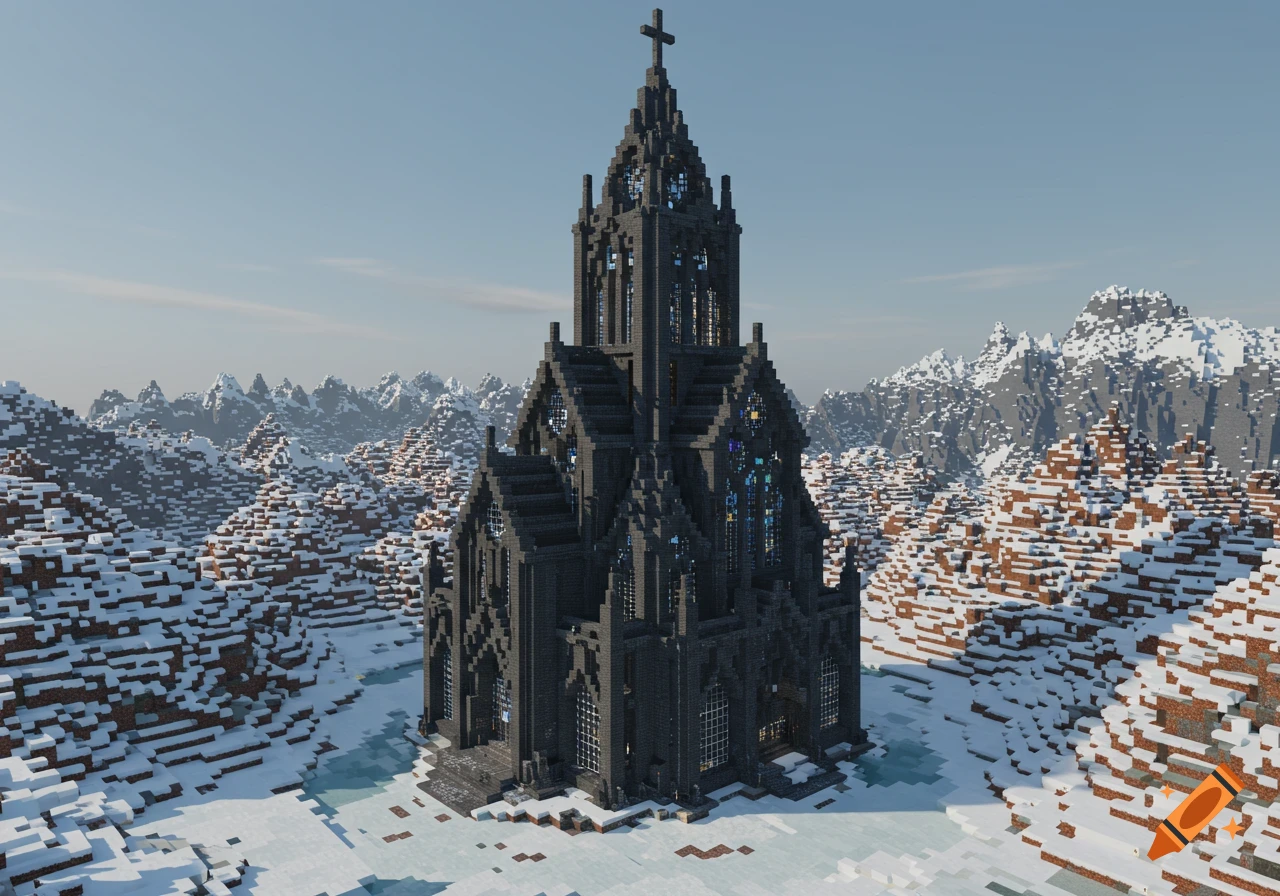A Minecraft gothic tower in a snowy mountain landscape. on Craiyon