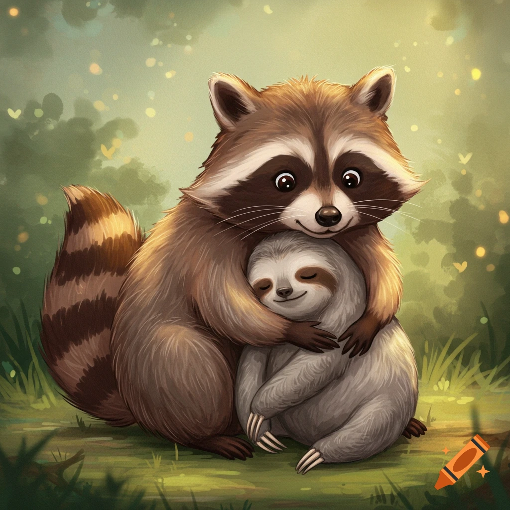 Illustration of a raccoon hugging a sloth in a forest on Craiyon