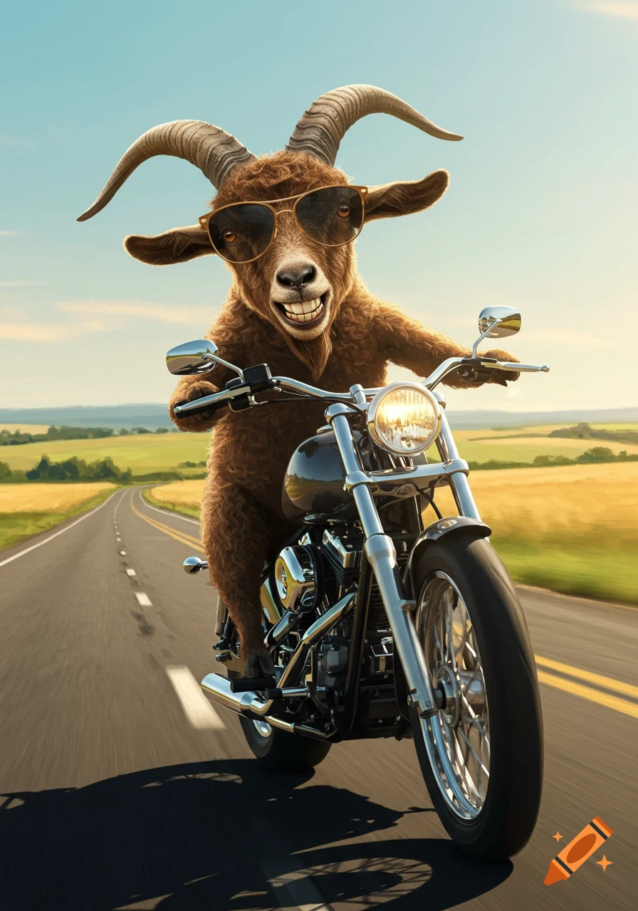 A cool goat wearing sunglasses rides a motorcycle on a sunny country ...