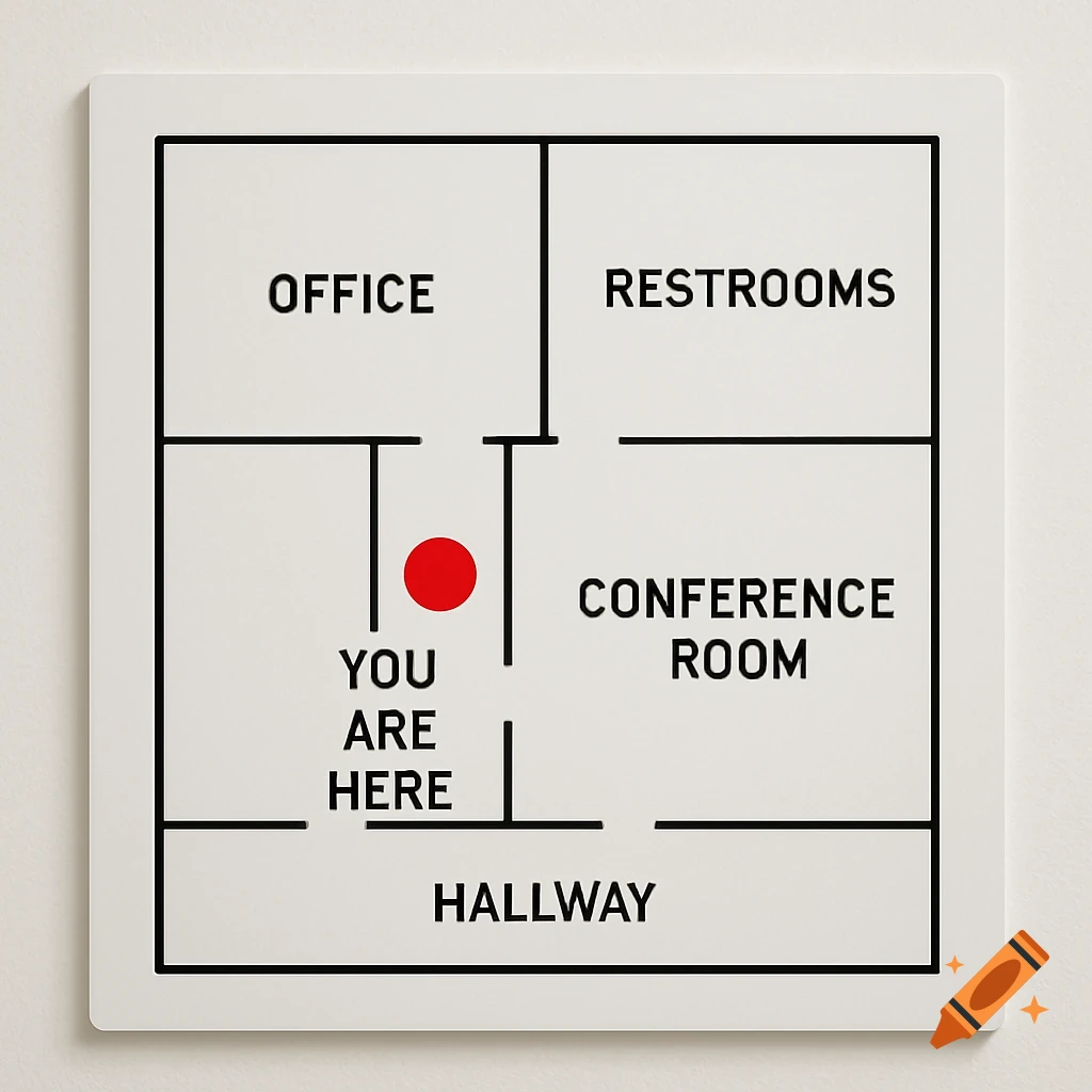 A simple white map of a building layout on a wall with a red dot ...