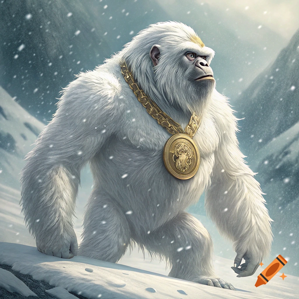 A white yeti wearing a gold chain and medallion stands in a snowy ...