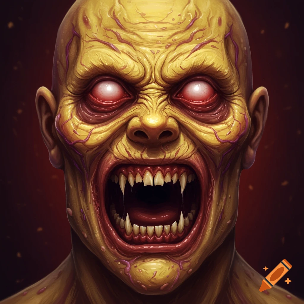 Close-up portrait of a yellow monster face with glowing red eyes, veins, and sharp teeth ...