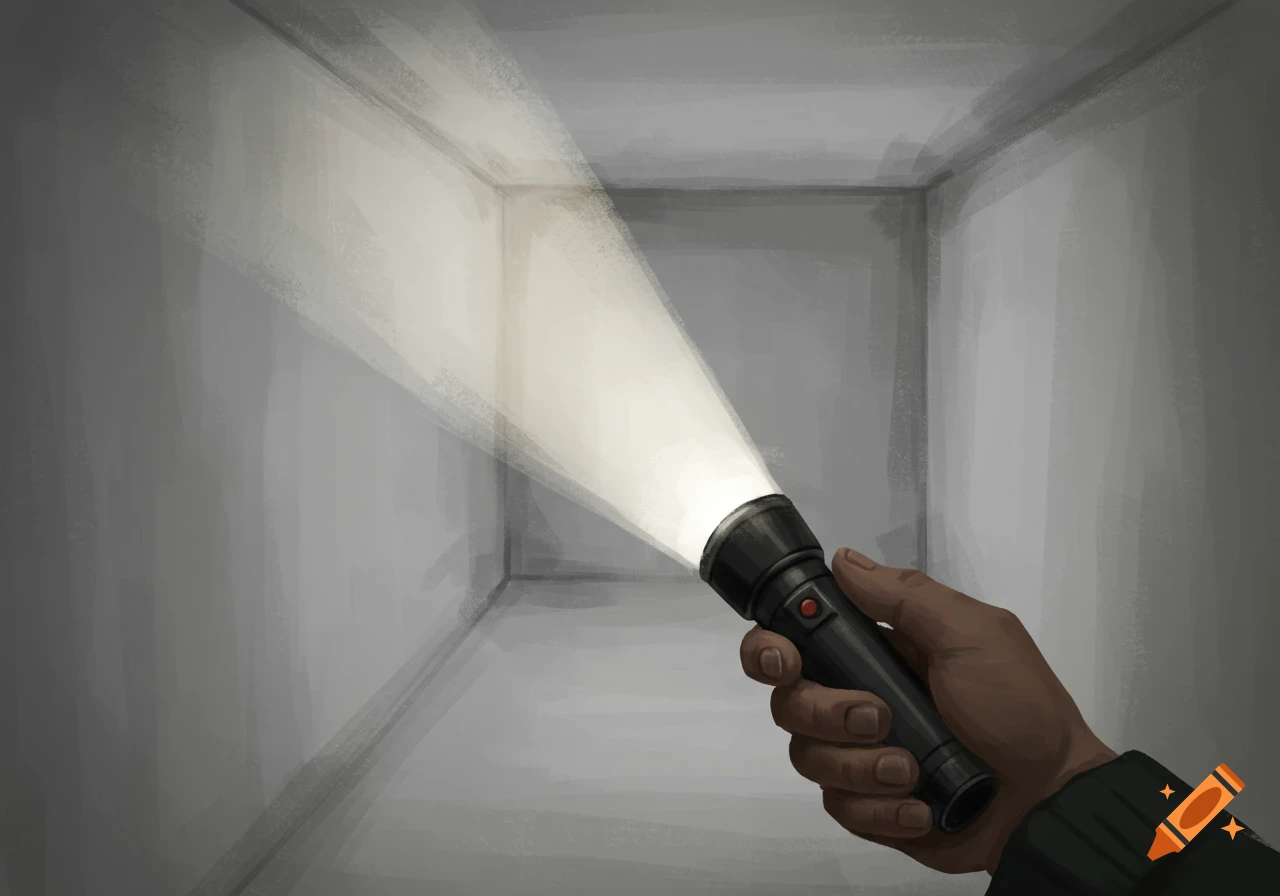 Illustration of a hand holding a flashlight shining a beam into a dark ...