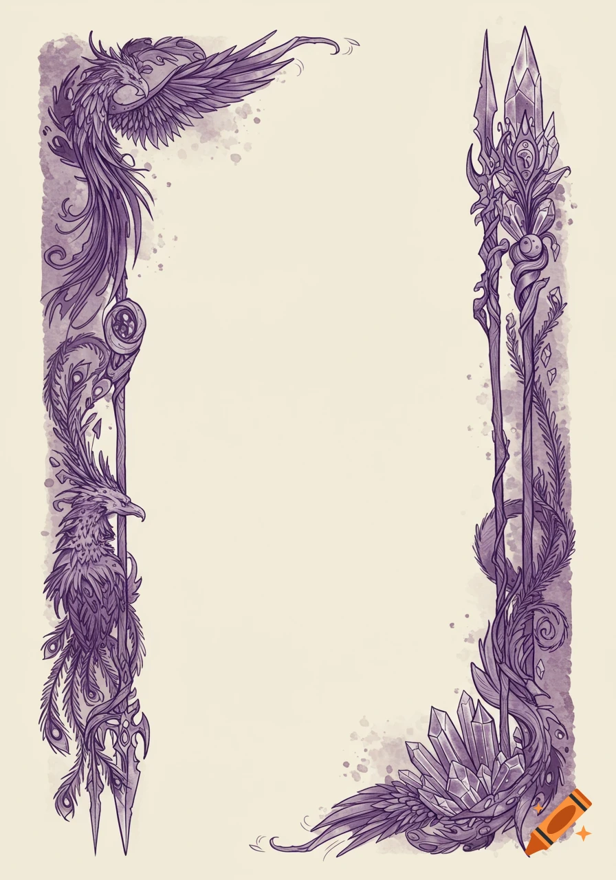 Purple line art fantasy borders with phoenixes, a staff, and crystals ...