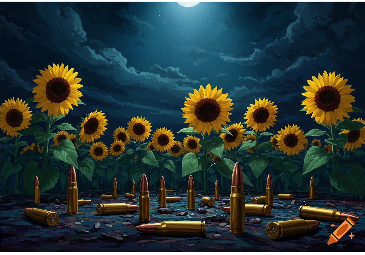 A field of sunflowers under a dark sky with bullets scattered on the ...