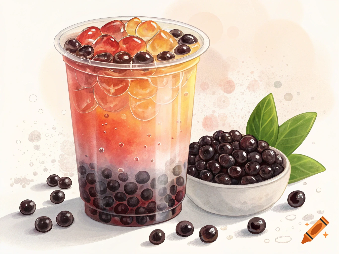Watercolor illustration of boba tea with gradient liquid, pearls in cup ...