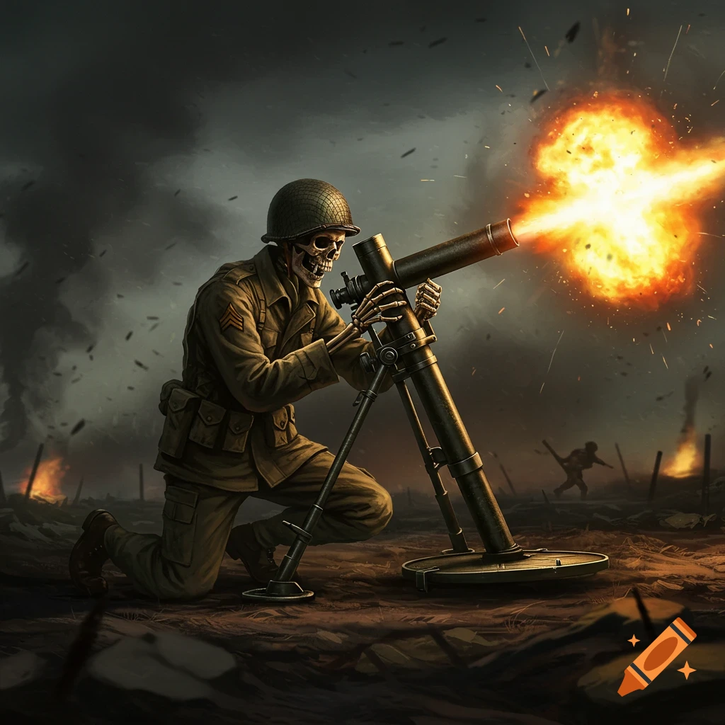 A skeleton soldier kneels firing a mortar in a smoky, war-torn ...
