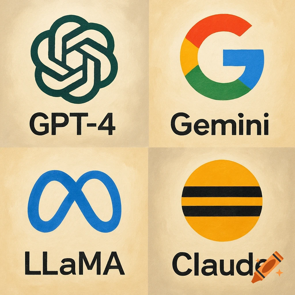 Logos and names for AI models GPT-4, Gemini, LLaMA, and Claude. on Craiyon