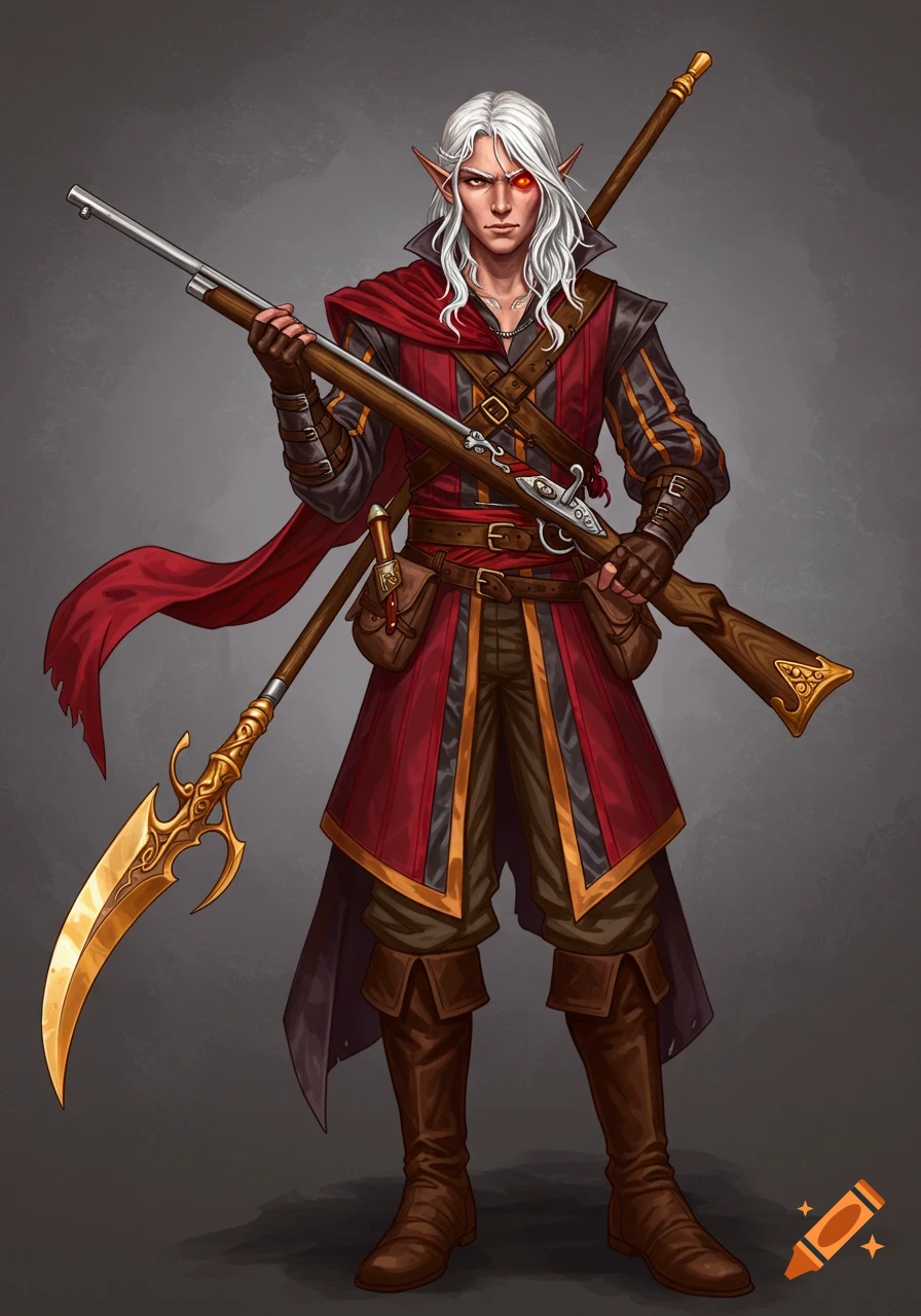 A male elf character in a red coat holds a musket and a golden glaive ...