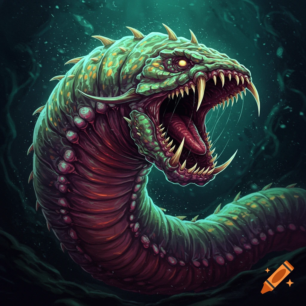 A monstrous green and red worm-like creature with sharp fangs and ...