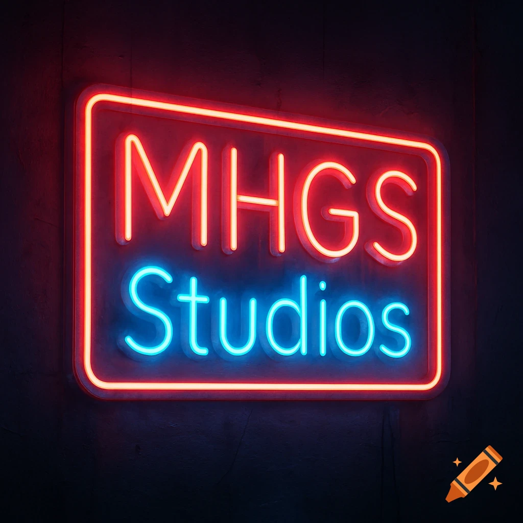 A red and blue neon sign reading "MHGS Studios". on Craiyon
