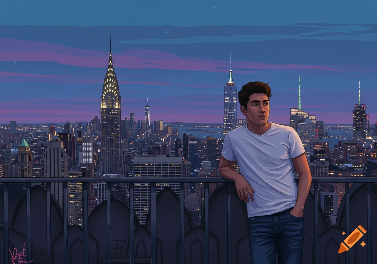 Illustration of a young man on a rooftop overlooking the New York City ...