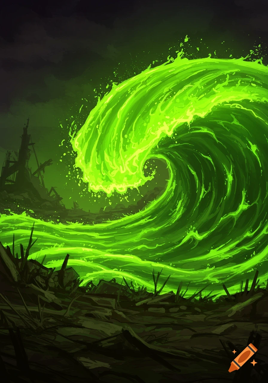 A large neon green wave of toxic sludge crashes over a ruined landscape ...