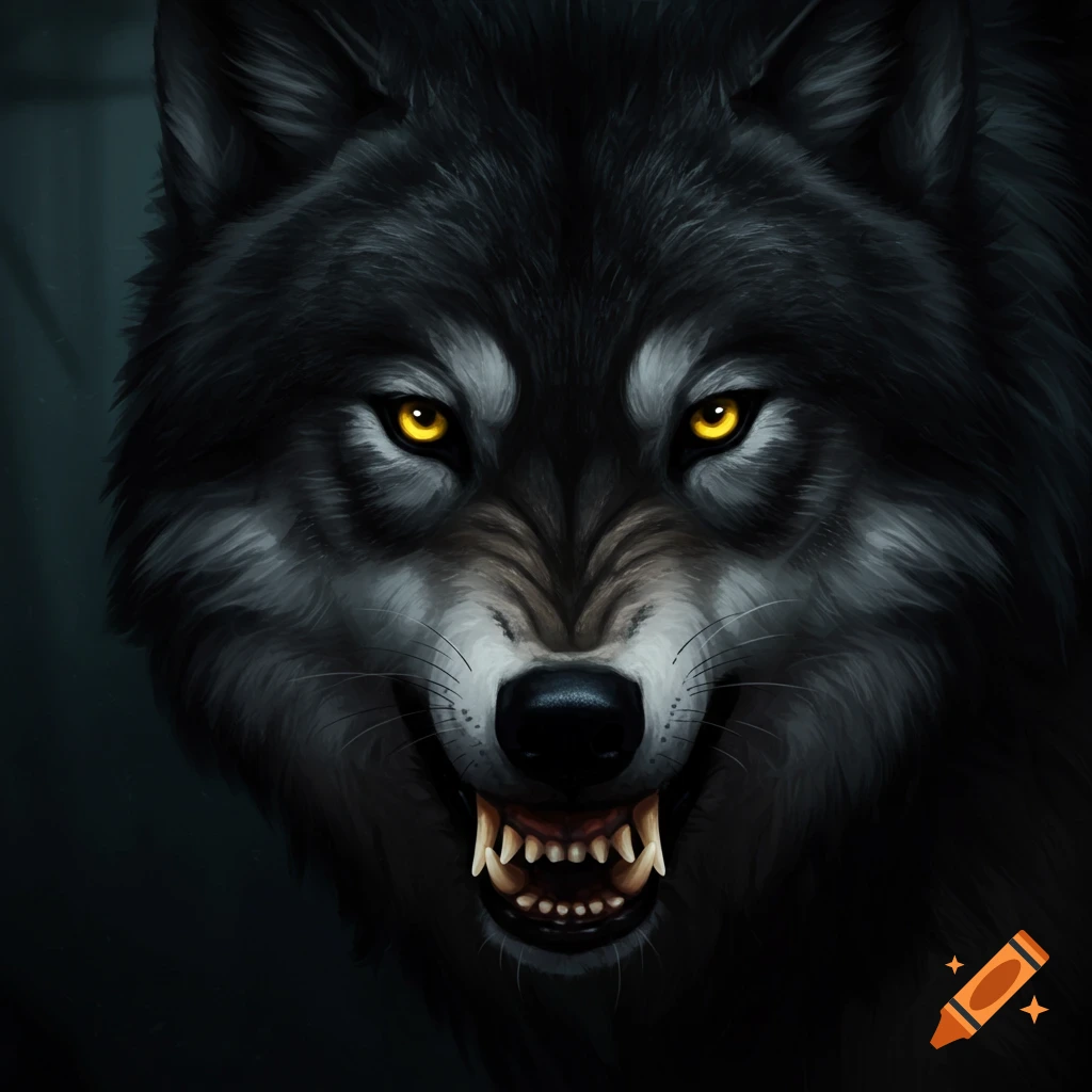 Close-up portrait of a snarling black wolf with bright yellow eyes. on ...