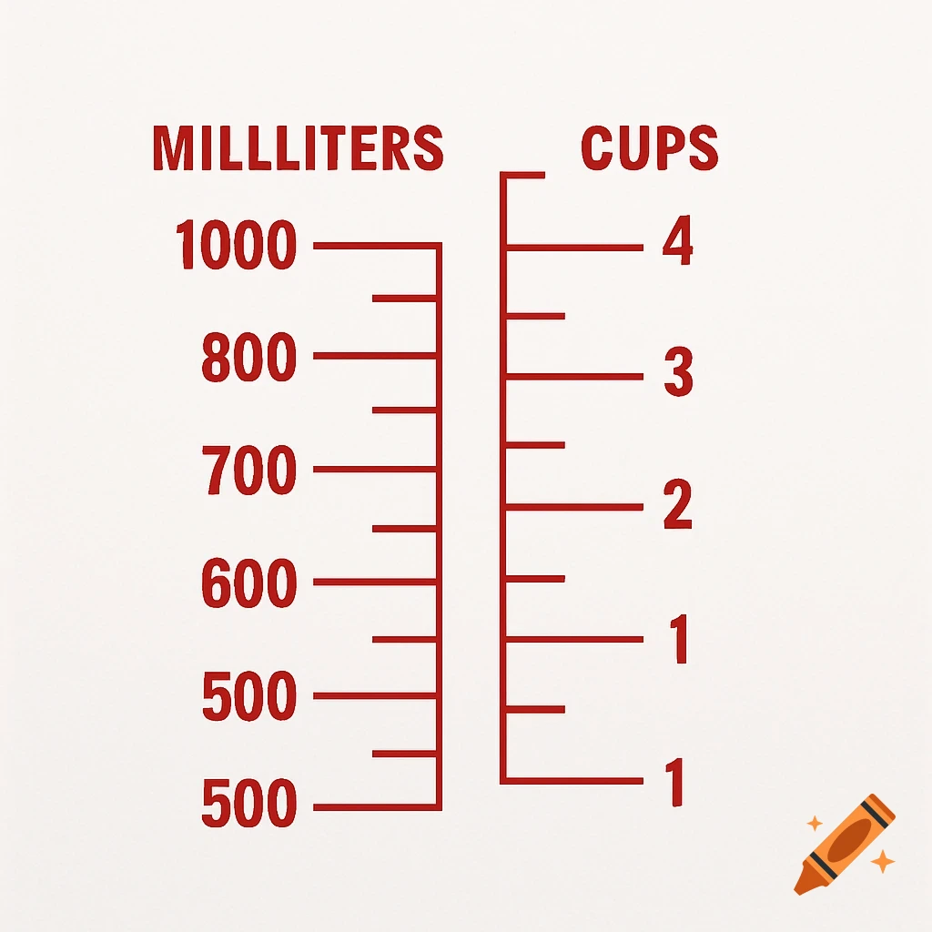 Measuring scale with markings for milliliters and cups. on Craiyon
