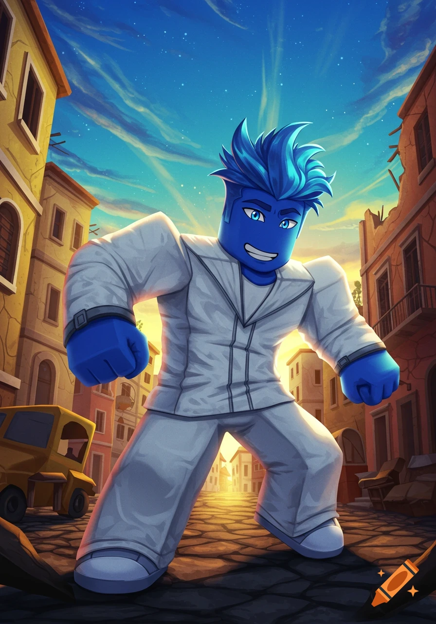A blue Roblox-style character in a white suit stands in a stylized ...