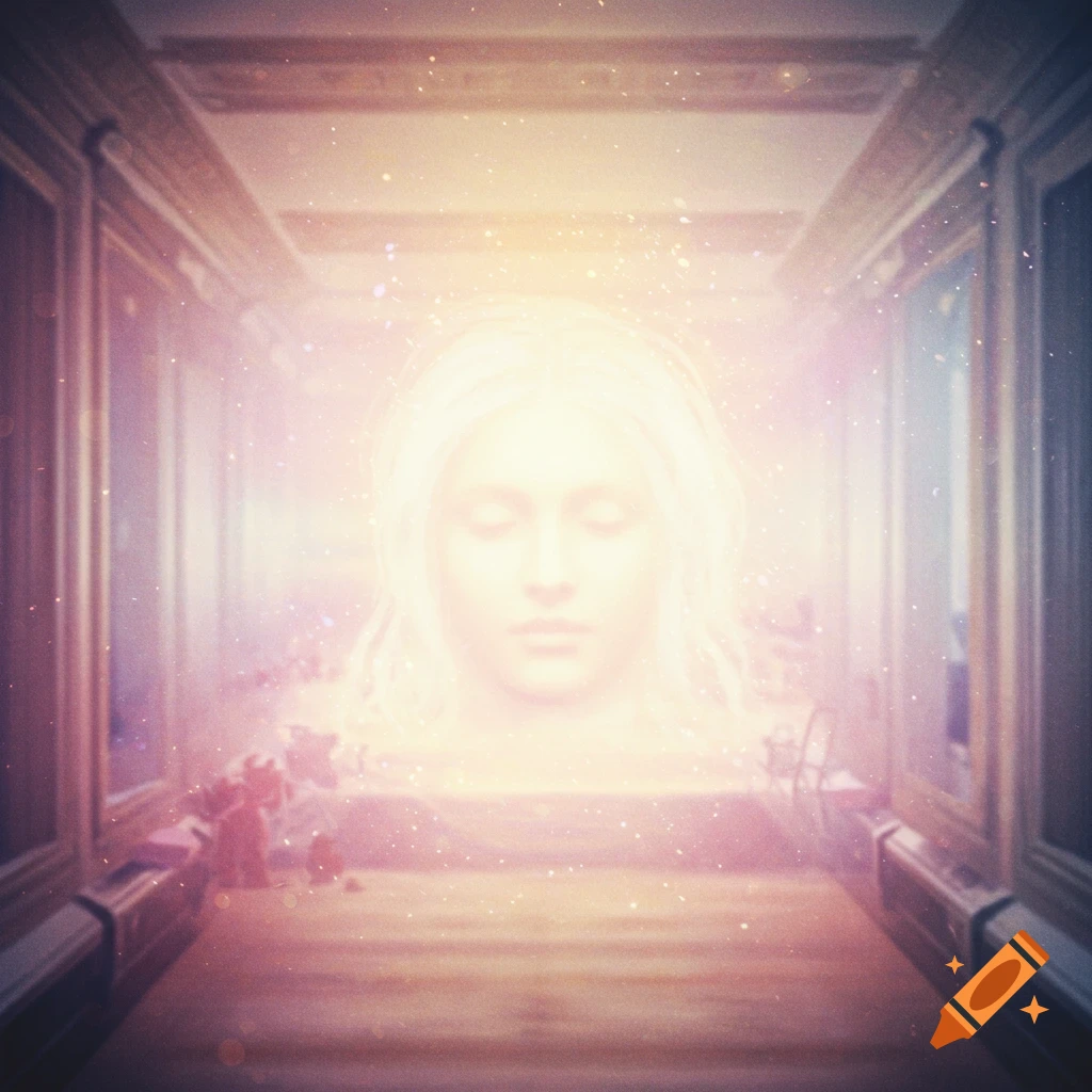 A glowing ethereal face floats in a hallway with framed pictures. on ...