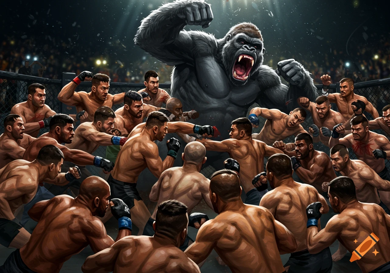 Illustration of a giant gorilla fighting multiple MMA fighters in a cage. on Craiyon