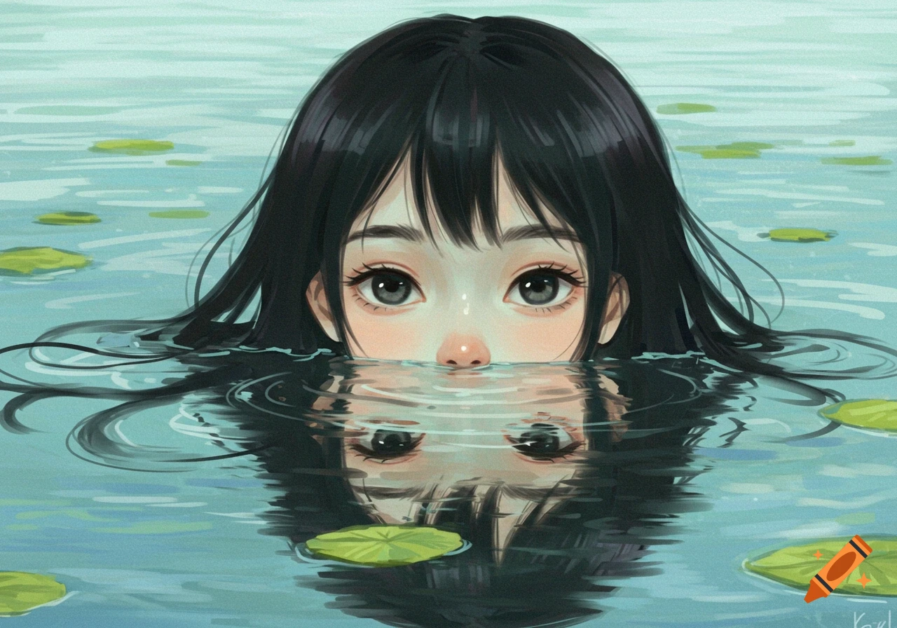 Painting of a girl's face emerging from water with reflection and lily ...
