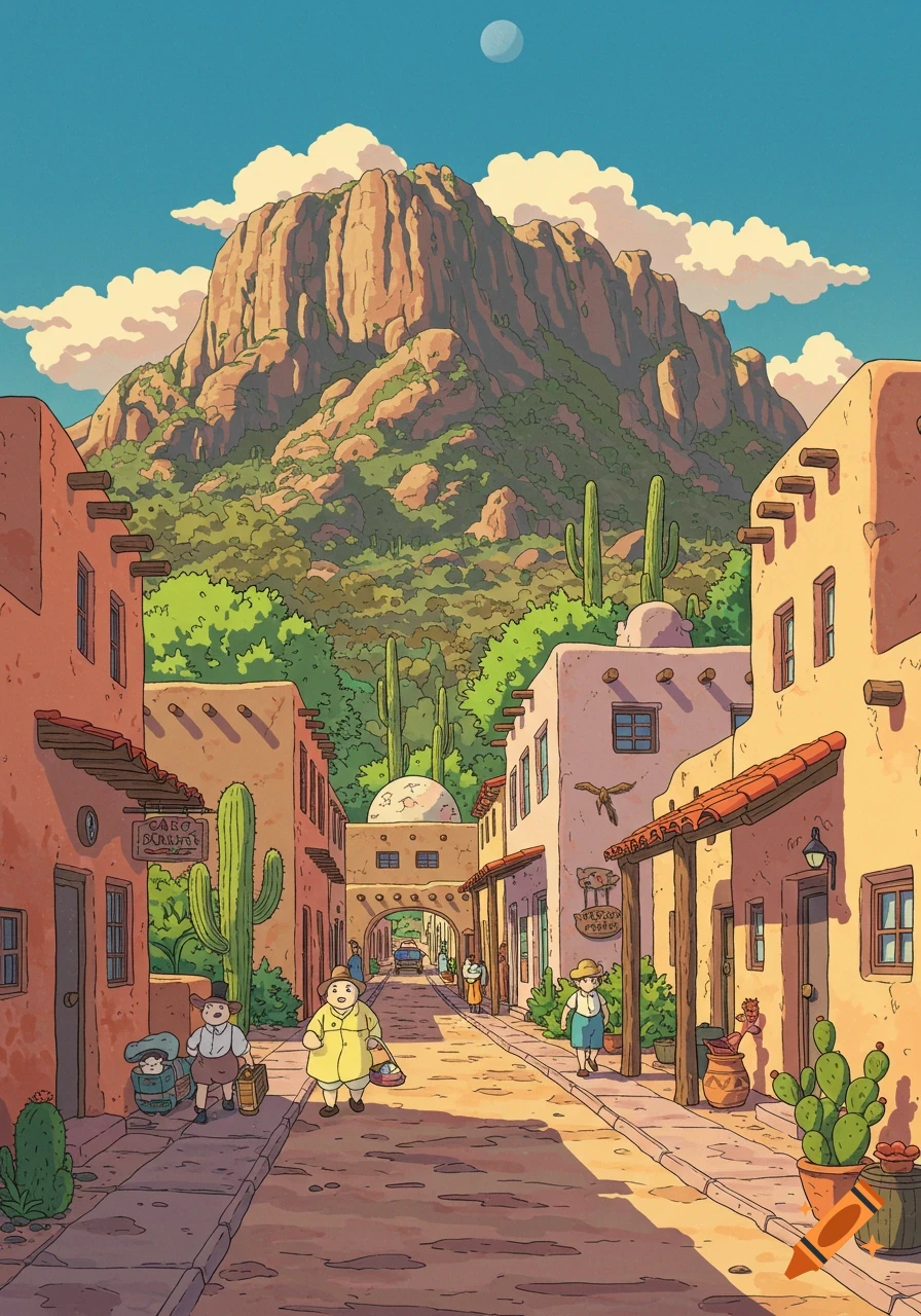 Studio Ghibli style animation of a desert town street scene with ...