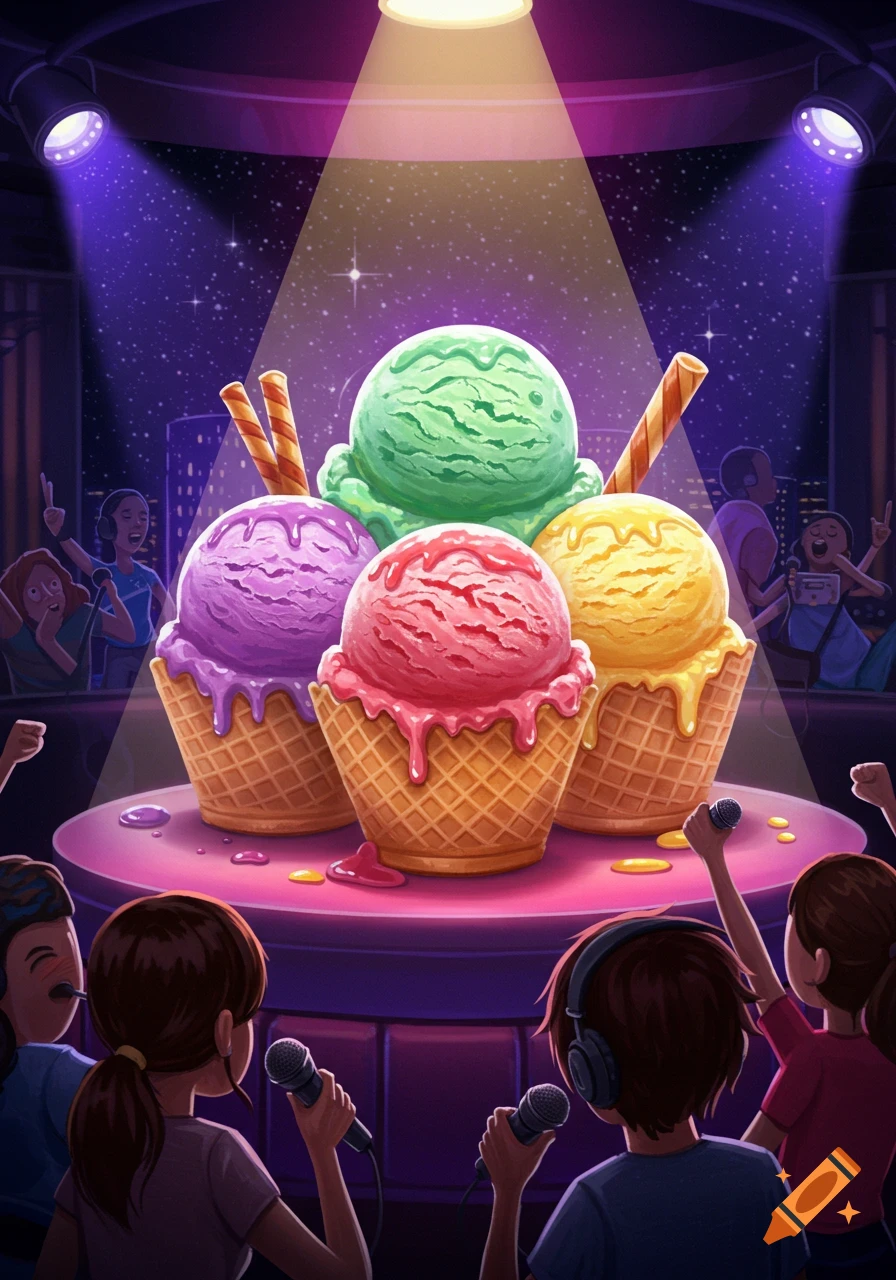Illustration of four colorful ice cream cones on a stage with spotlights and people singing ...