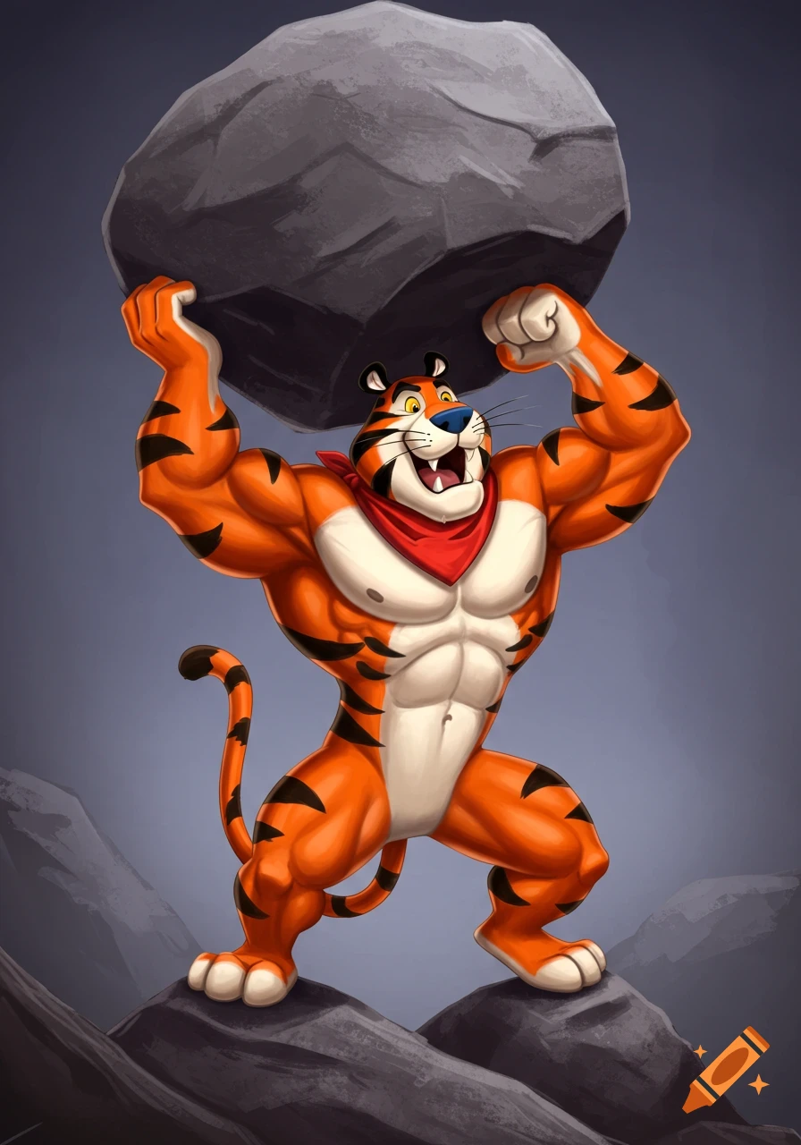 Muscular cartoon tiger lifting a large rock above its head. on Craiyon